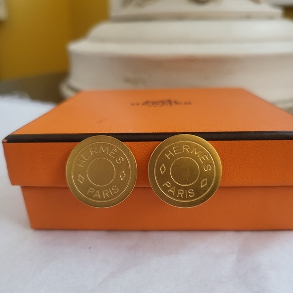 Hermes | Jewelry | Hermes Button Logo Gold Plated Clip On Earrings ...